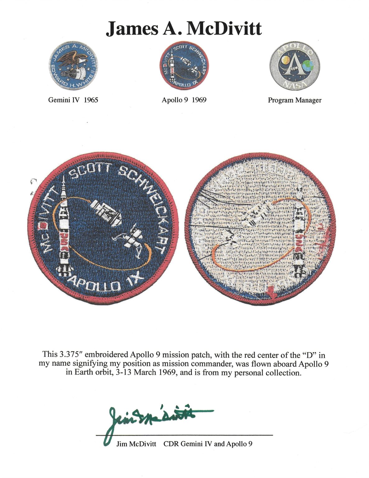 Apollo 9 Flown Mission Patch Ex. Jim McDivitt - Apollospace