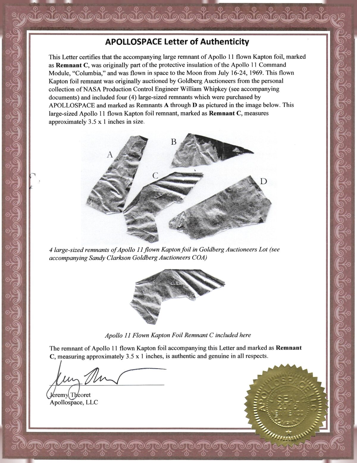 Apollo 11 Flown Kapton Foil Large Piece 3.5x1 Inches #1C - Apollospace