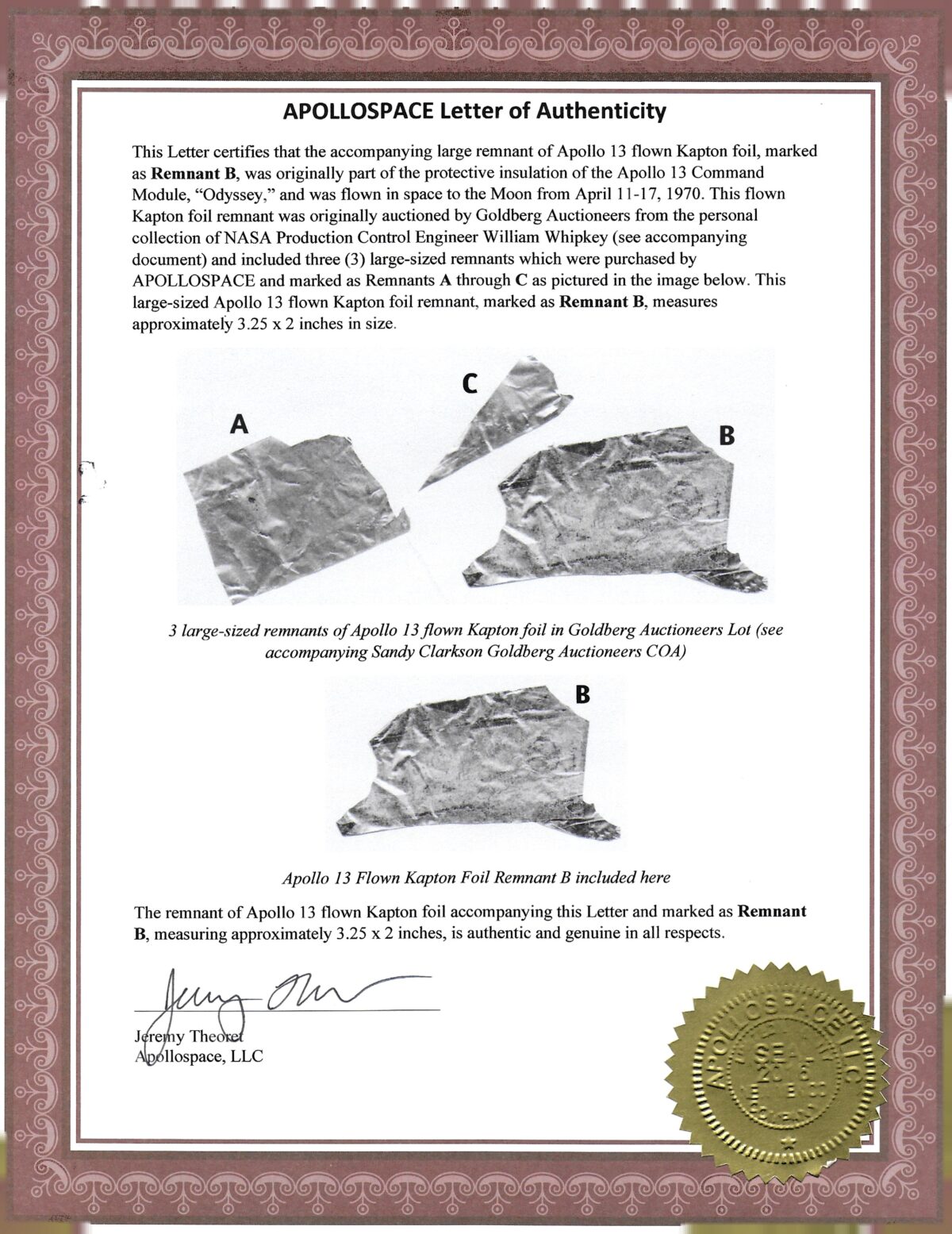 Apollo 13 Flown Kapton Foil Large Piece 3.25x2 Inches #1B - Apollospace