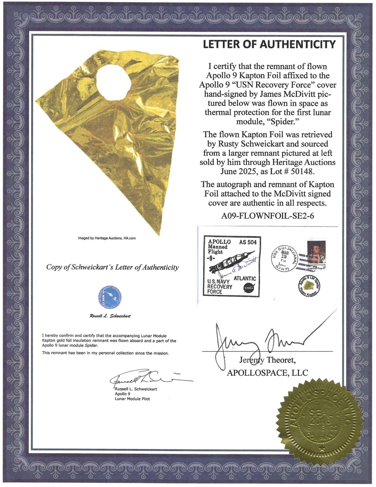 Apollo 9 Jim McDivitt Signed Cover with Flown LM Kapton Foil SE#2-6 ...