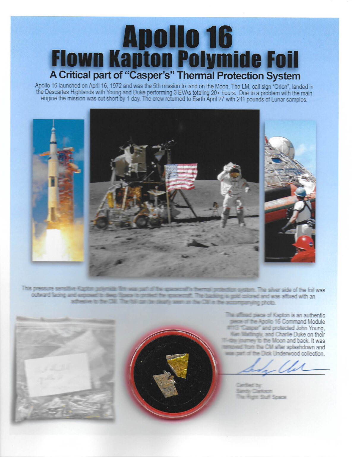 Apollo 16 Charlie Duke & Kurt Debus Signed Flown Kapton Foil Cover SE1 ...