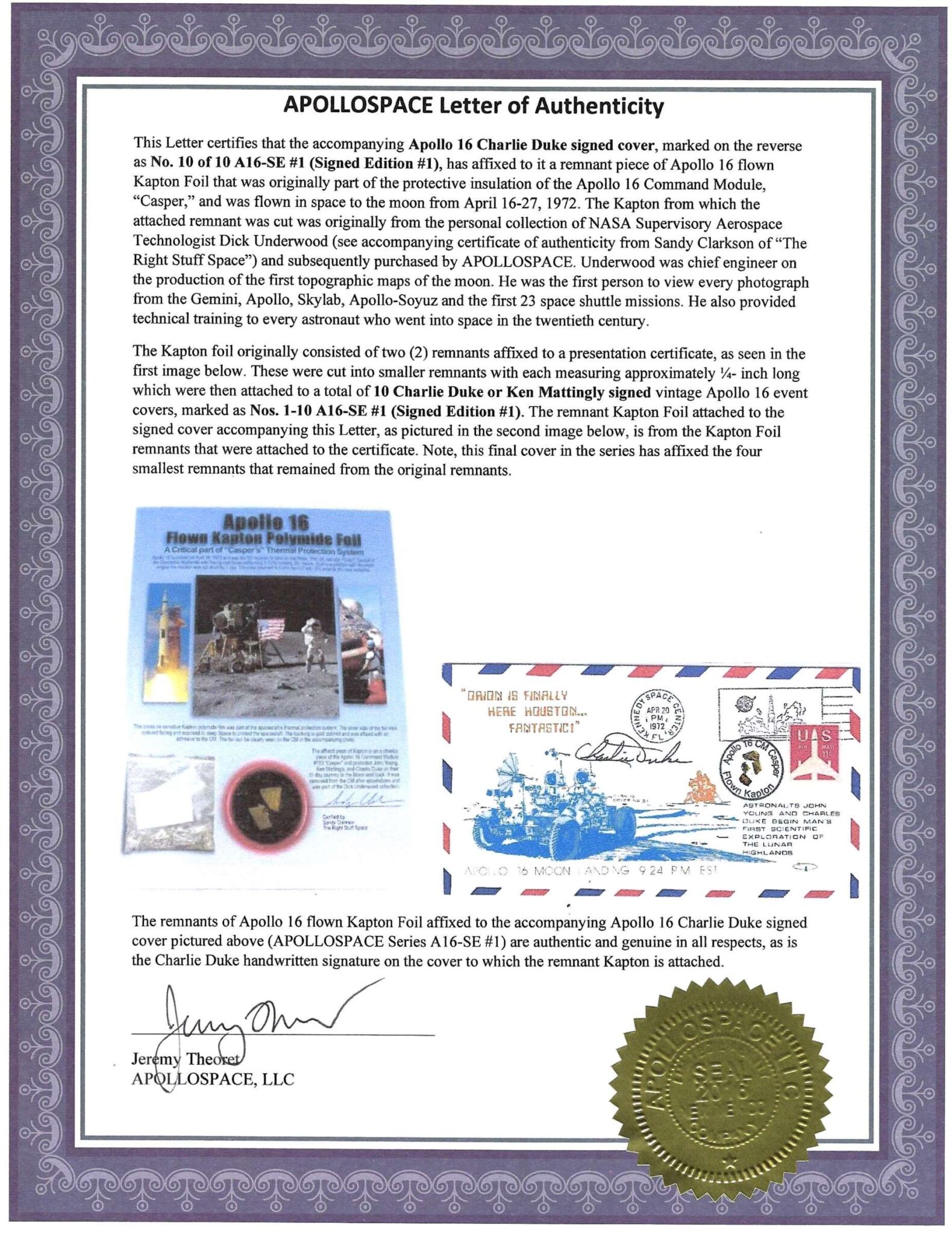 Apollo 16 Charlie Duke Signed Flown Kapton Foil Cover SE1 #10/10 ...