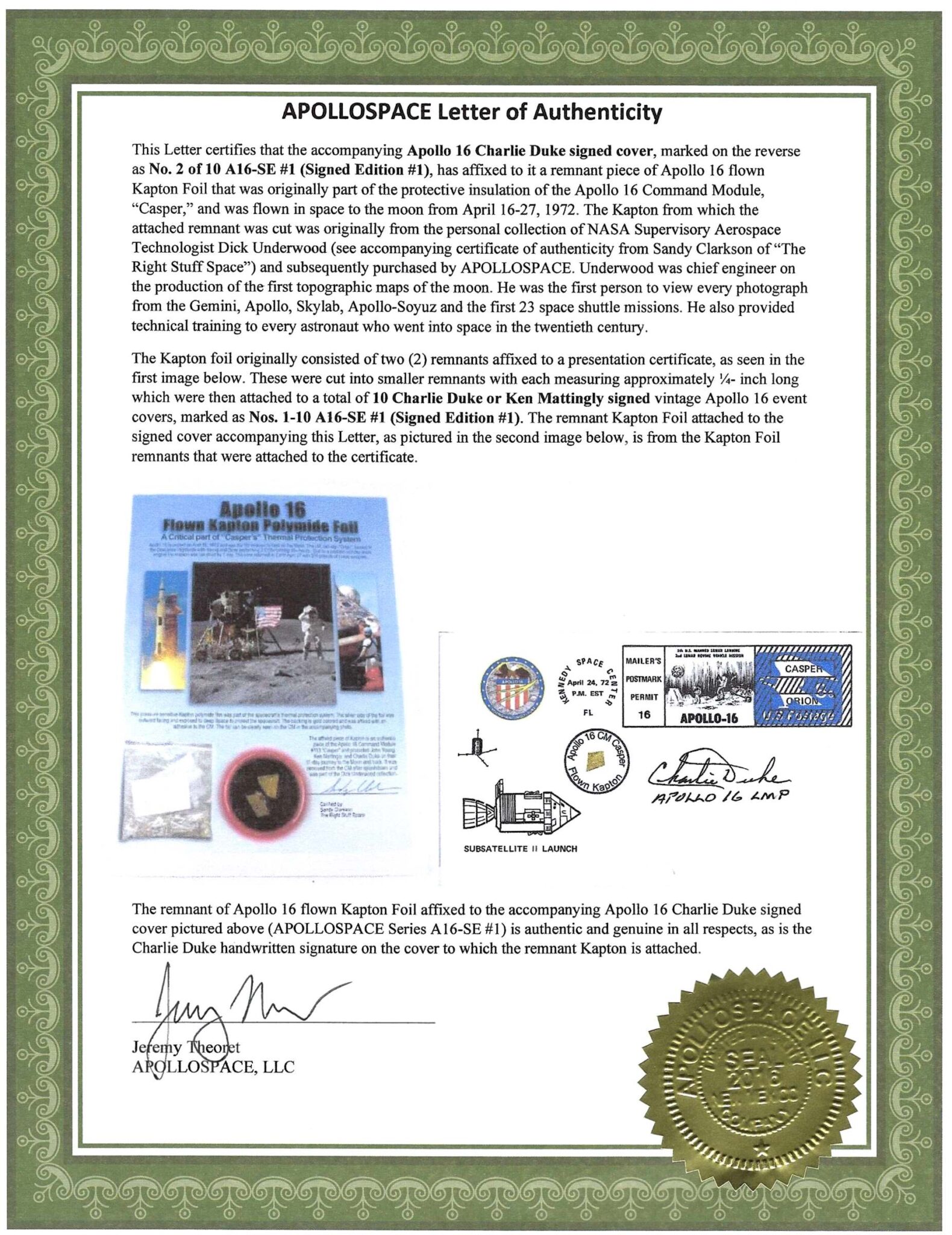 Apollo 16 Charlie Duke Signed Flown Kapton Foil Cover SE1 #2/10 ...