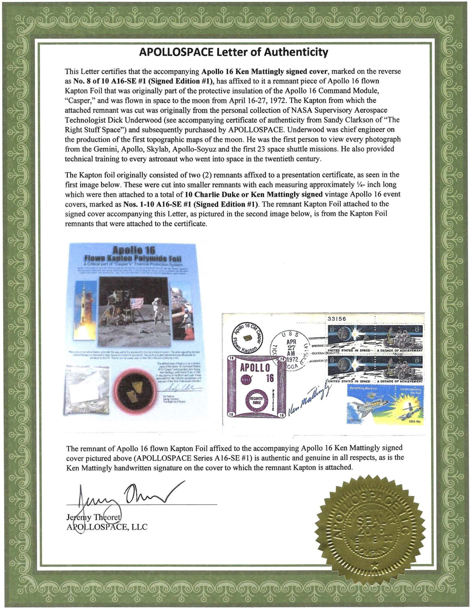 Apollo 16 Ken Mattingly Signed Flown Kapton Foil Cover SE1 #8/10 ...